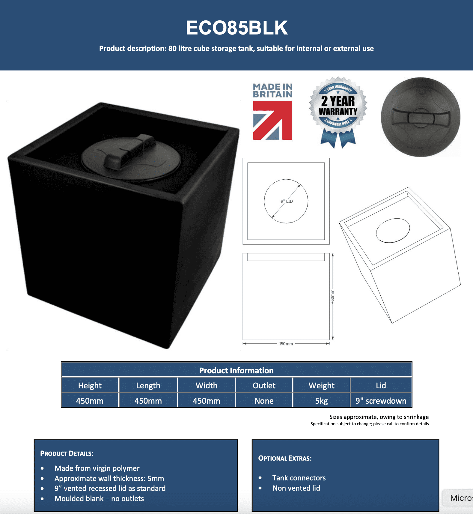 80 Litre Cube Water Tank