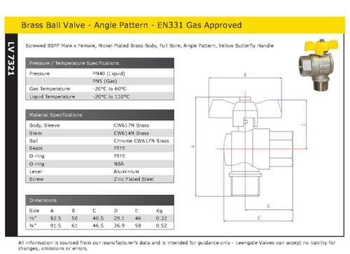 Brass Angle Pattern Ball Valve EN331 Gas Approved BSPP Male x Female