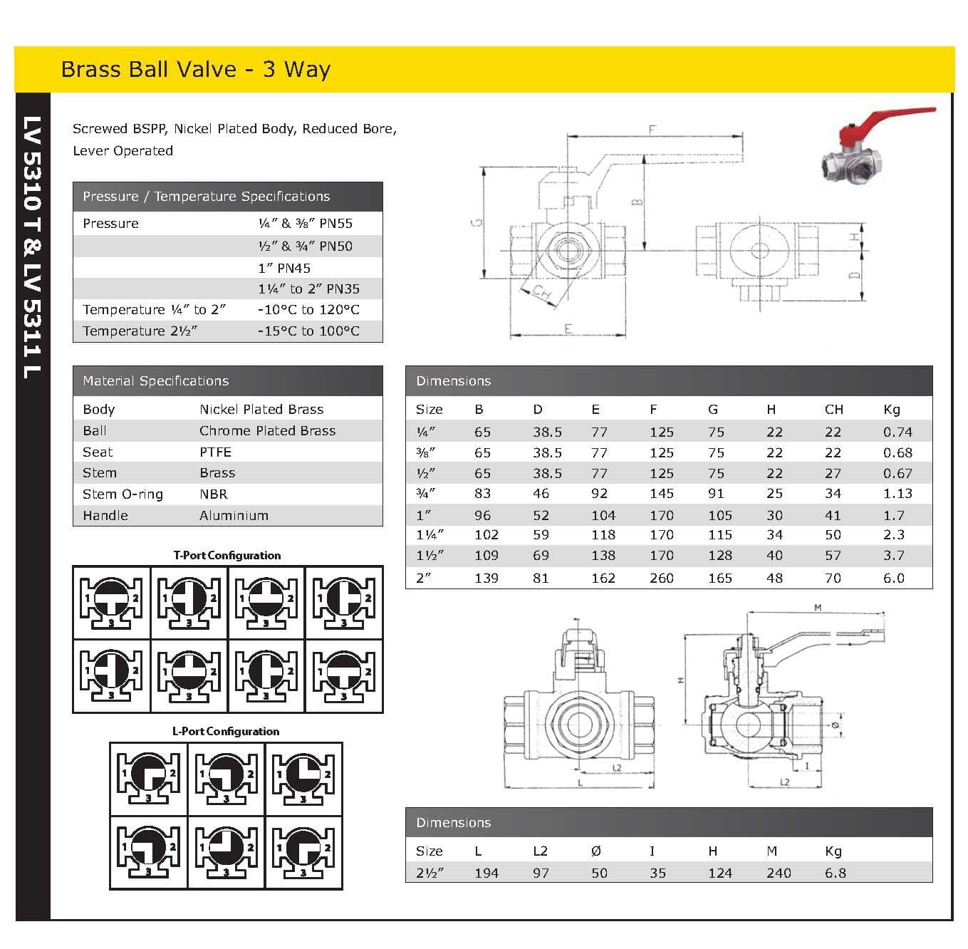 Brass Ball Valve 3 Way T Port