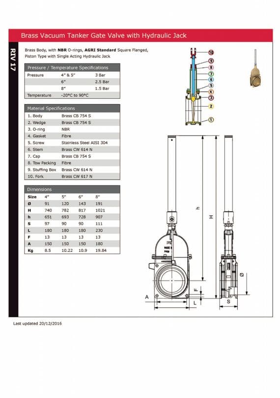 Brass Vacuum Tanker Gate Valve with Hydraulic Jack
