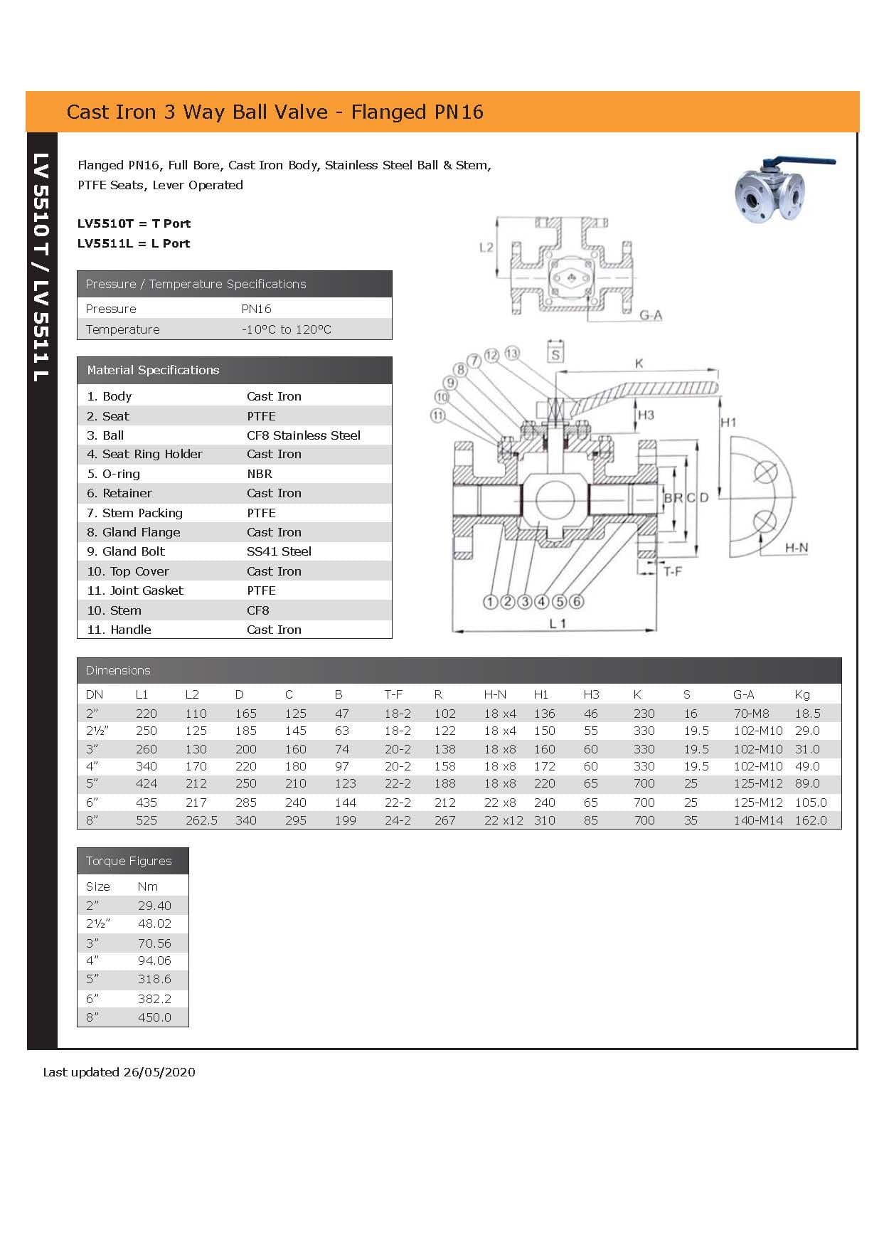 Cast Iron 3 Way Ball Valve L Port Flanged PN16