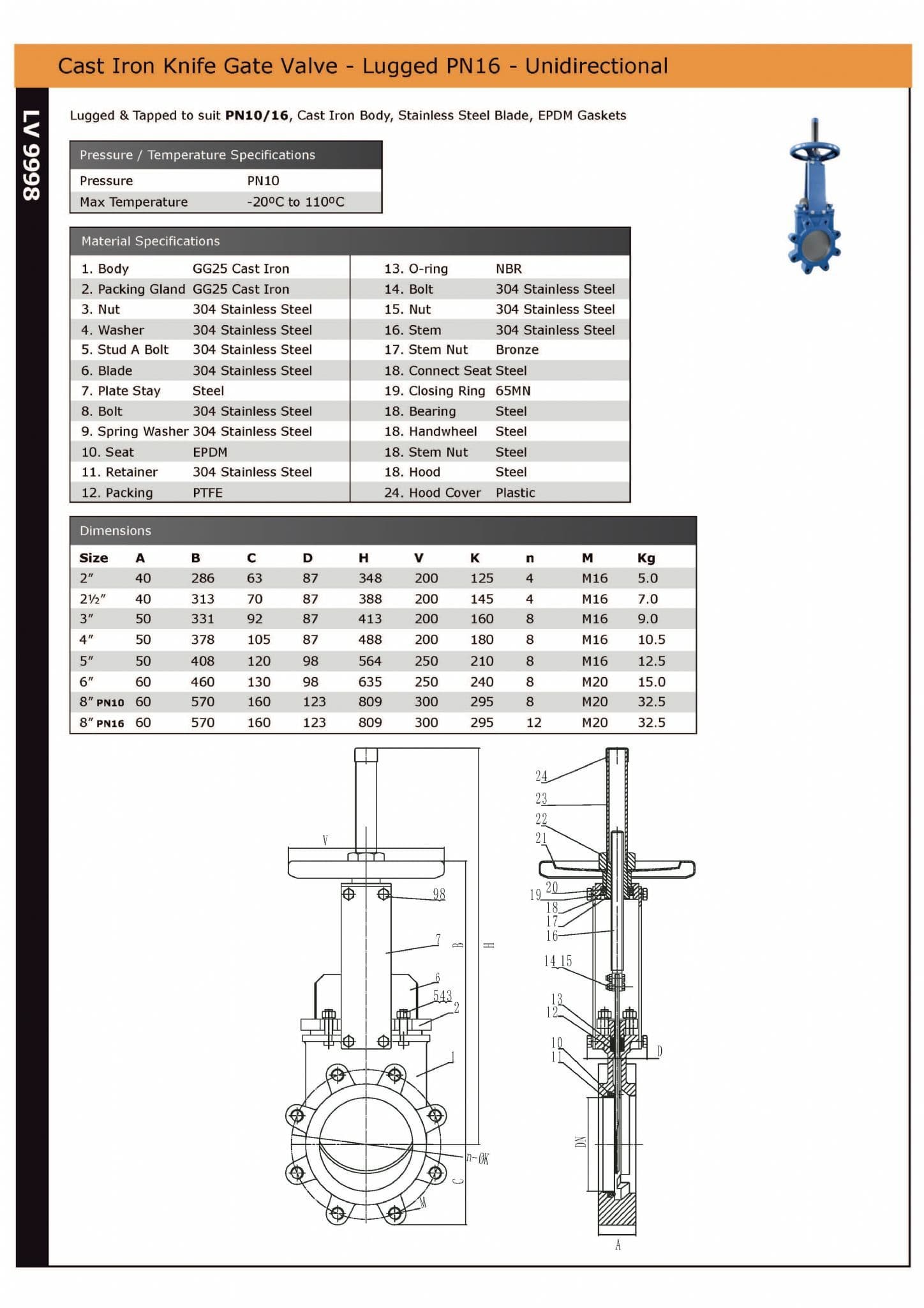 Cast Iron Knife Gate Valve Lugged PN16 Unidirectional