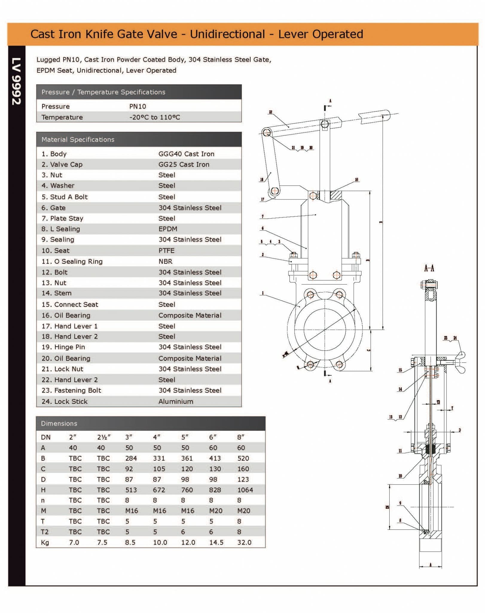 Cast Iron Knife Gate Valve Unidirectional Lever Operated Lugged PN10
