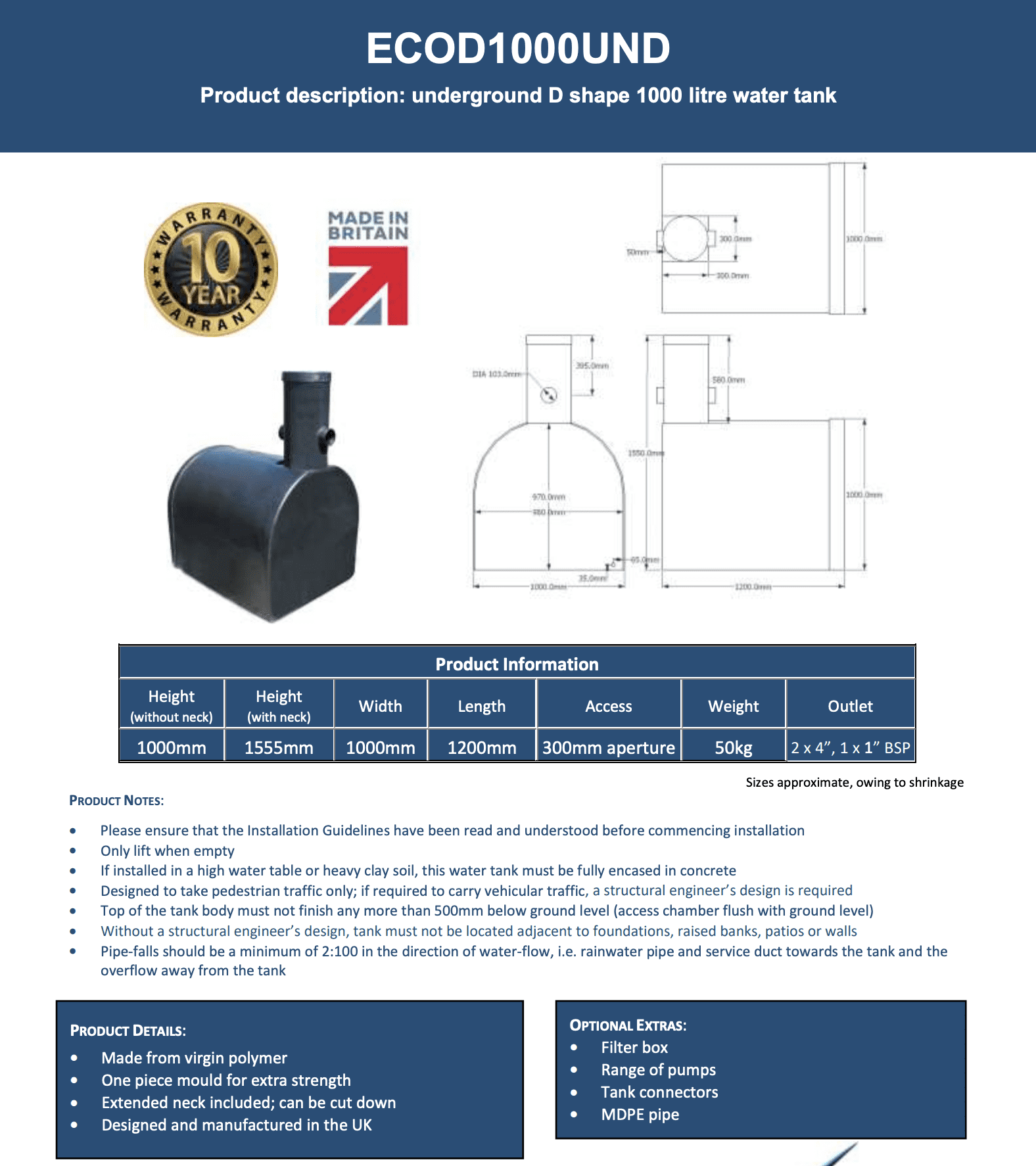 D Shape 1000 Litre Underground Water Tank