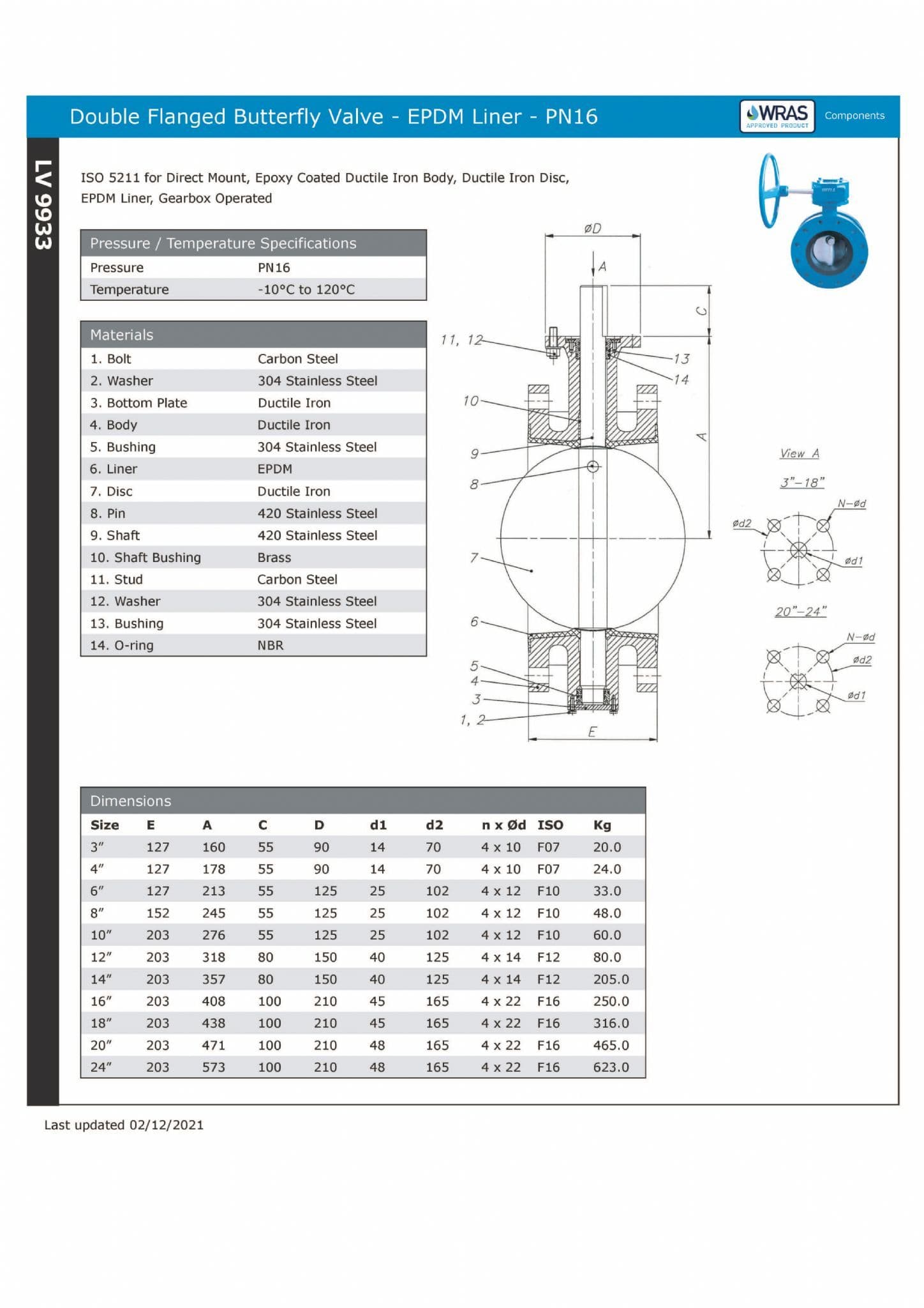 Double Flanged Butterfly Valve EPDM Liner to suit PN16 flanges