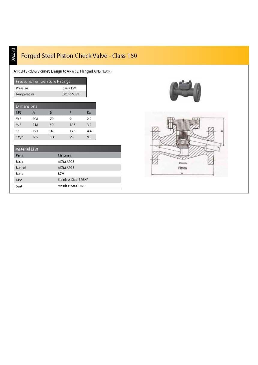 Forged Steel Piston Check Valve Flanged ANSI 150