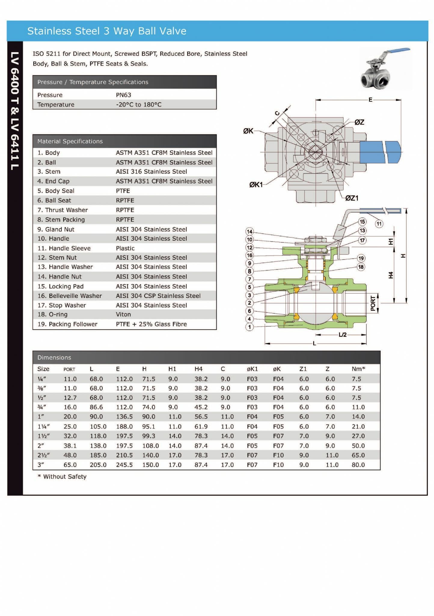 Stainless Steel 3 Way Ball Valve L Port