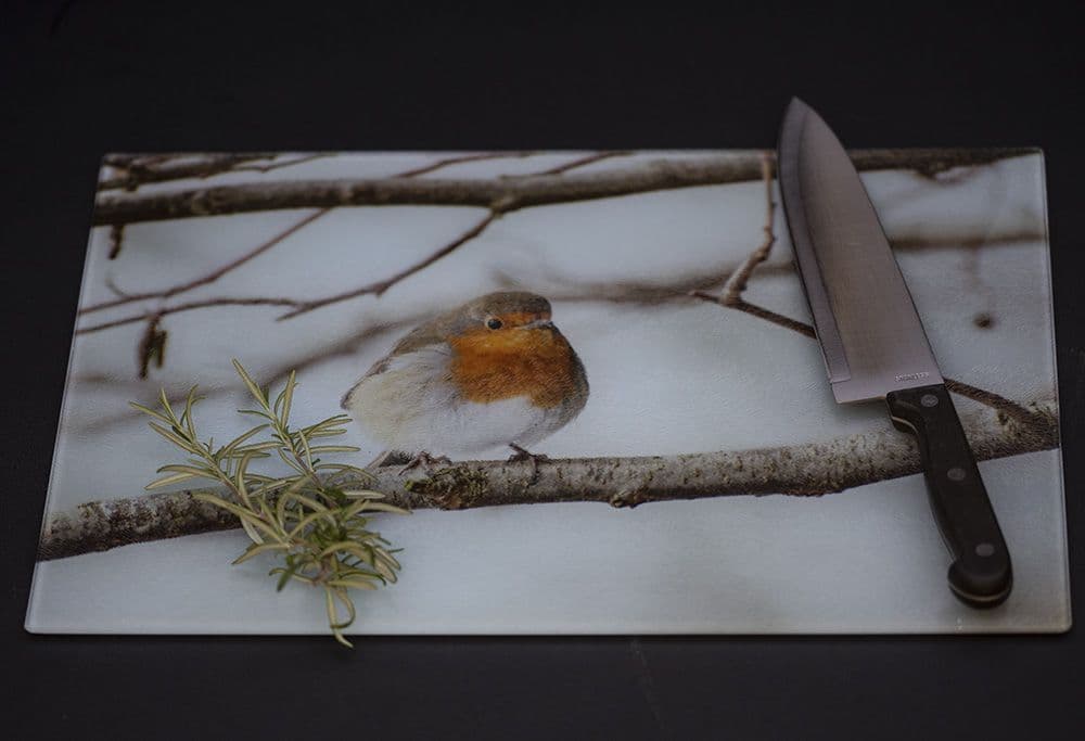 Winter Robin Glass Chopping Board Large Size Toughened Glass