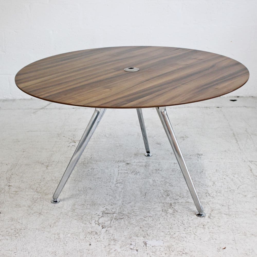 Circular Walnut Table on Chrome Base | Wooden Table | Round Walnut Table