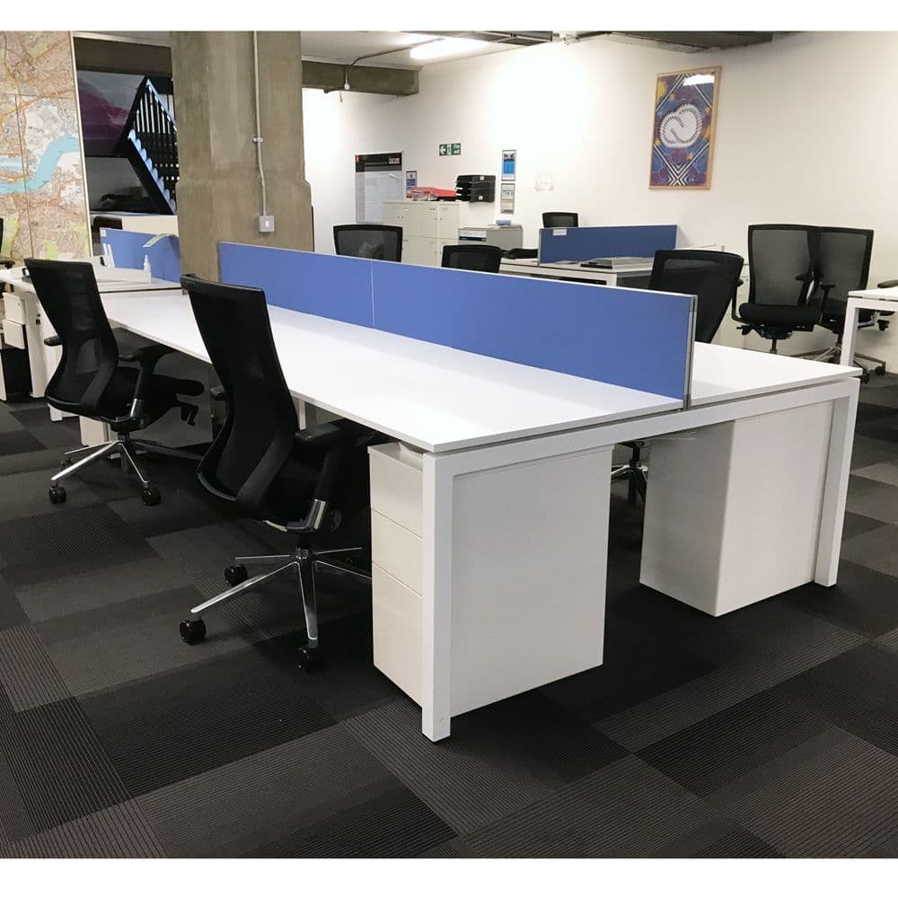 White Bench Desk with Goal Post Frame and Blue Screens | white bench ...