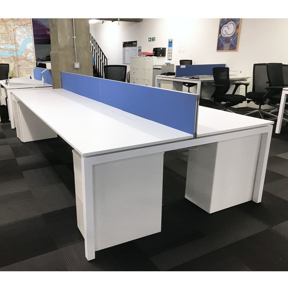 White Bench Desk with Goal Post Frame and Blue Screens | white bench ...