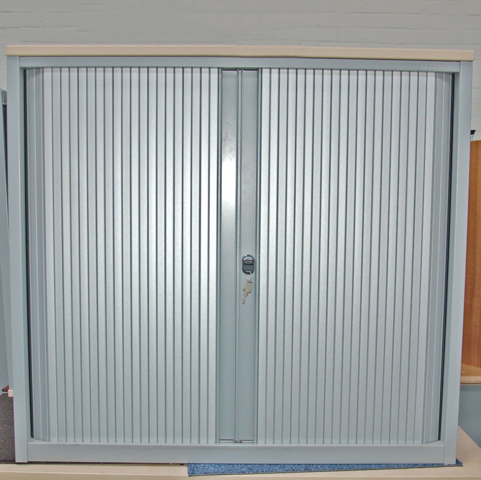 Grey Techo Tambour Unit with Maple Top | sliding door cupboard | silver ...