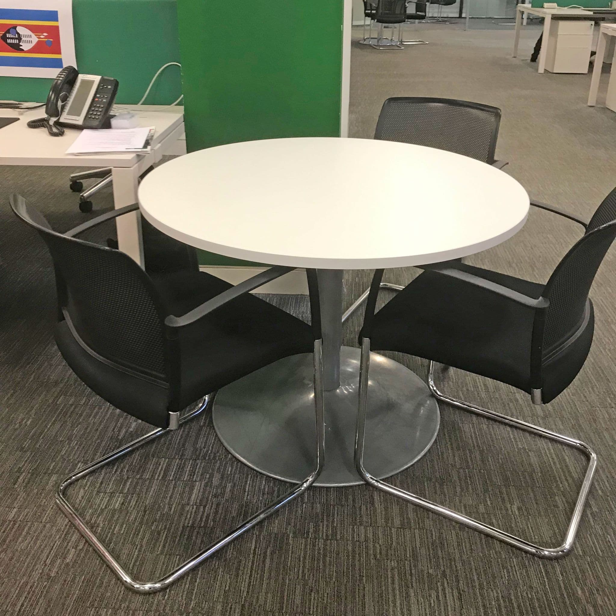 Round White Table on Silver Column Base | White Table | Circular Table