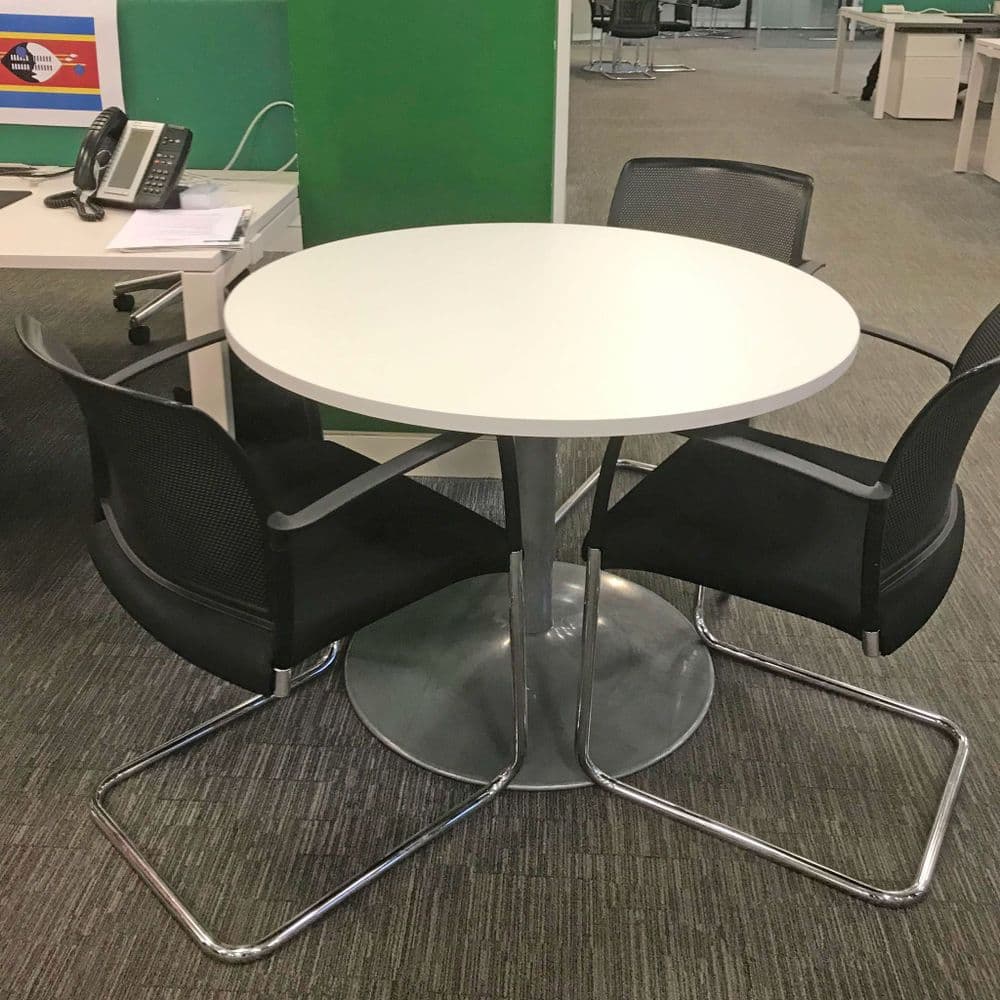Round White Table on Silver Column Base | White Table | Circular Table