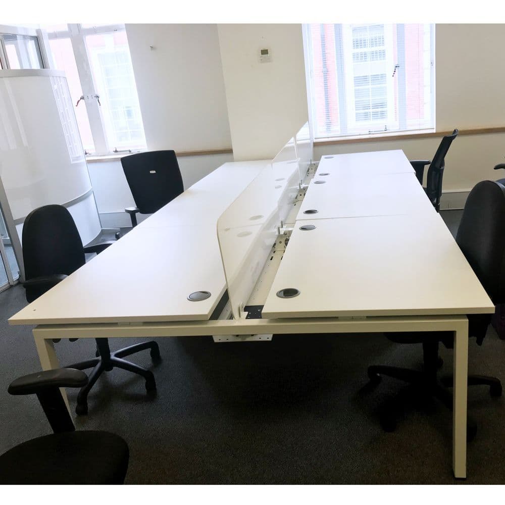 White Bench Desk with Sliding Tops and Perspex Screens | White Cluster ...