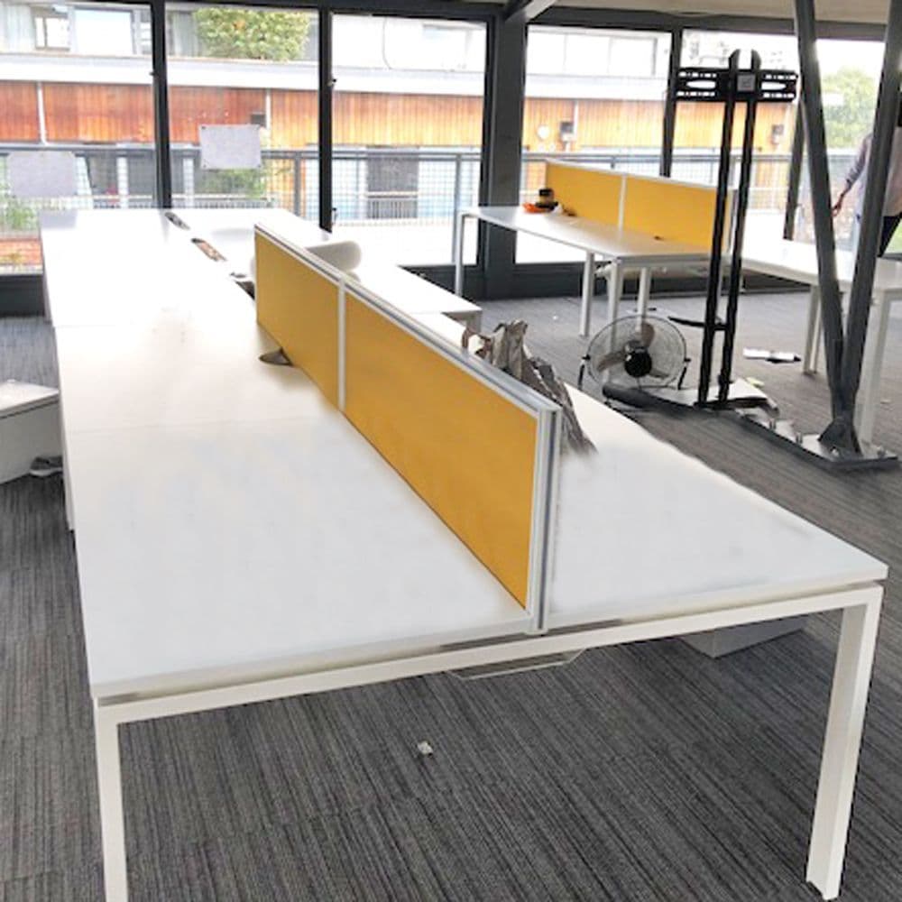 White Bench Desk with Yellow Screens | Cluster desk | desks with partitions
