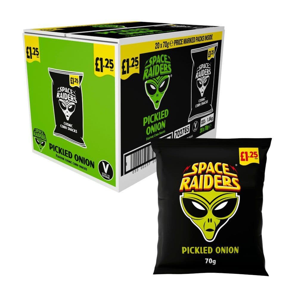 SPACE RAIDERS CRISPS SHARE BAGS FULL CASE OF 20 PICKLED ONION FLAVOUR