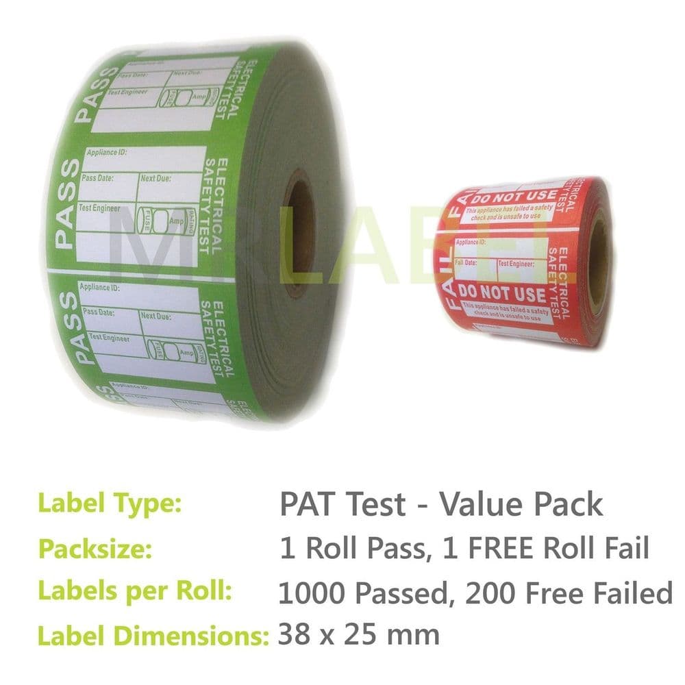 1000x PAT Test Labels PASSED with 200x FREE FAILED Labels
