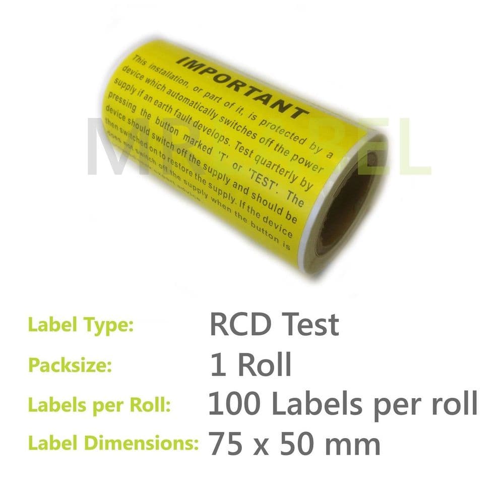 100x Electrical Safety RCD Test Labels BS7671 1 Roll 75x50mm - 18th Edition