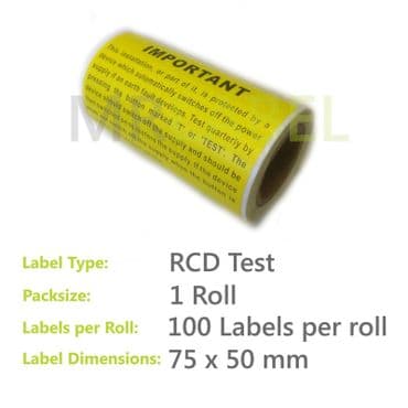 100x Electrical Safety RCD Test Labels BS7671 1 Roll 75x50mm - 18th Edition
