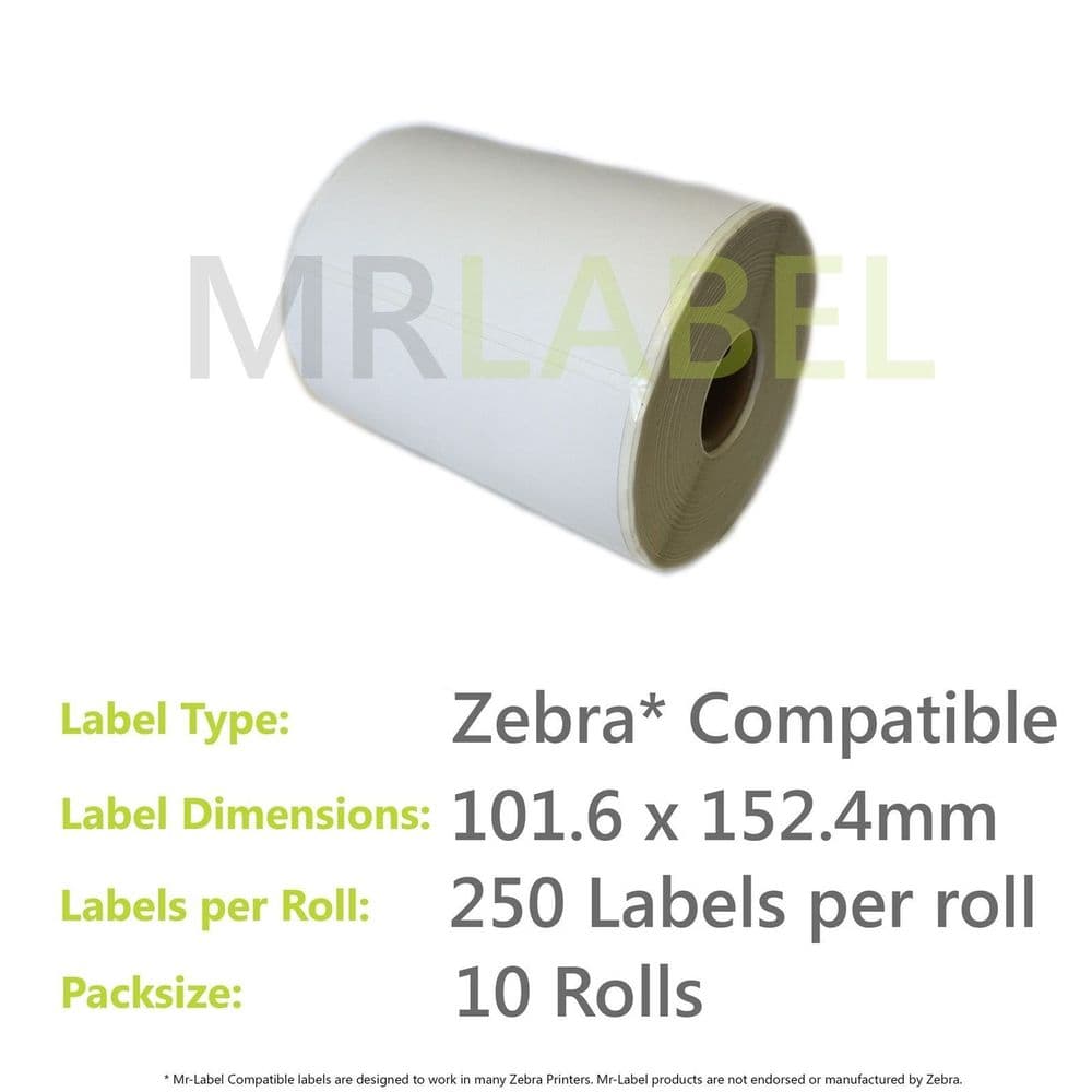 2500x Zebra Compatible Thermal Labels 10 Rolls of 250 101 6x152 4mm
