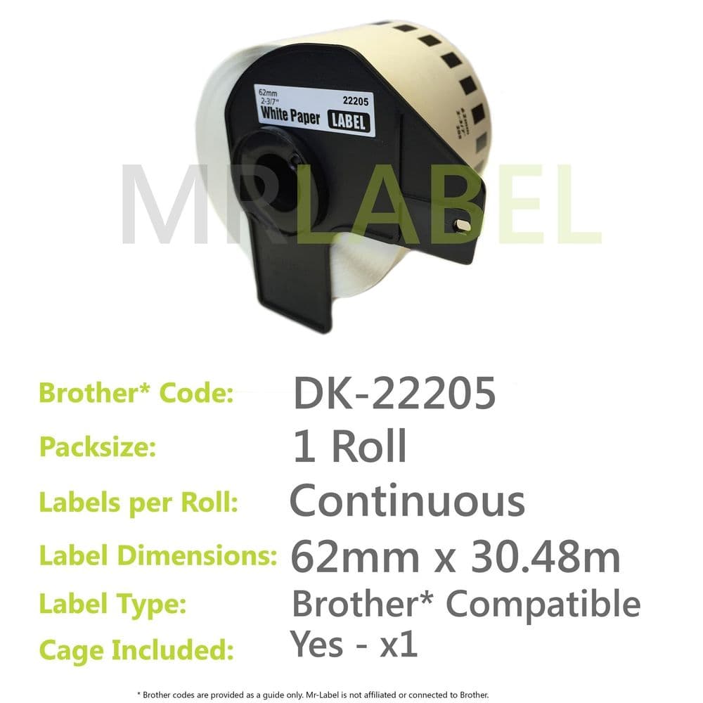 Brother Compatible Labels DK-22205 with 1x Re-useable Cartridge