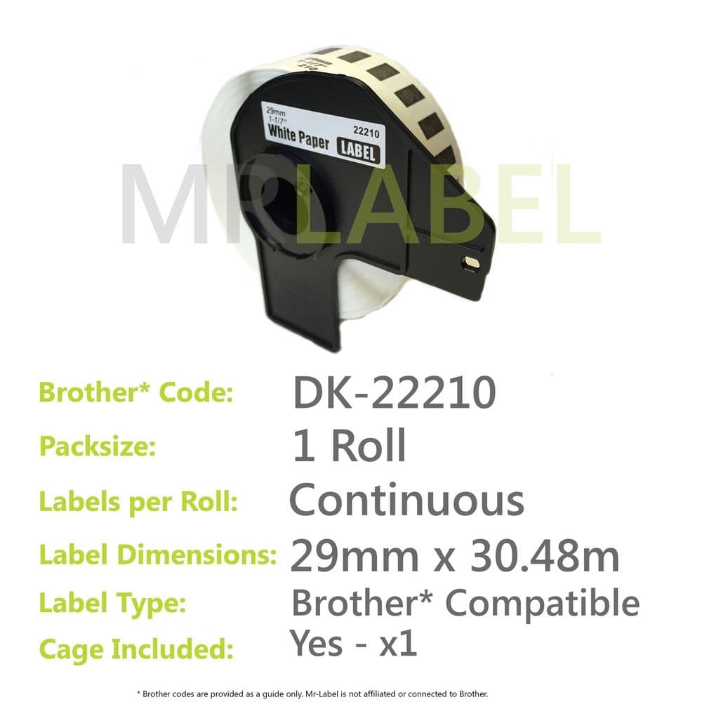 Brother Compatible Labels DK-22210 with 1x Re-useable Cartridge