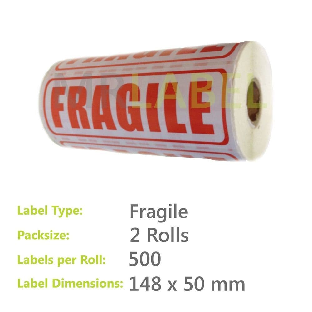 Pack of 2 Fragile Parcel Labels - Extra Large - 148 x 50mm - 500 Labels ...