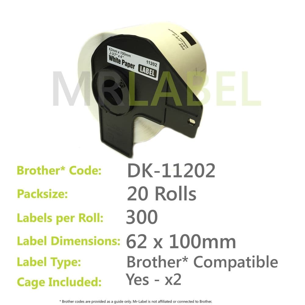 Pack of 20 Brother Compatible Labels DK-11202 with 2x Re-useable Cartridges