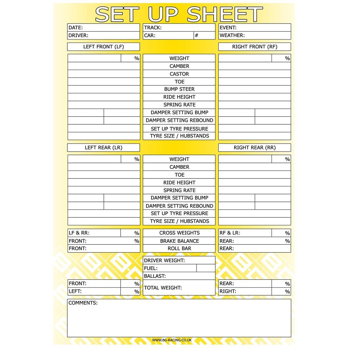 B-G Racing Chassis Set Up Sheets - Spedeworth Fabrications