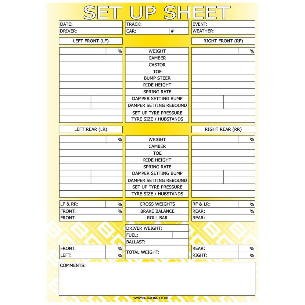 B-G Racing Chassis Set Up Sheets - Spedeworth Fabrications