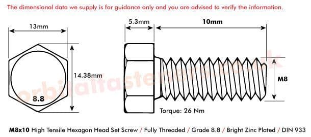 M8 X 10 BOLT HEXAGON HEAD SET SCREWS