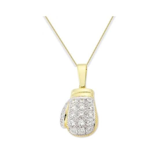 9ct Yellow Gold 1.25oz Cubic Zirconia Boxing Glove Pendant Necklace