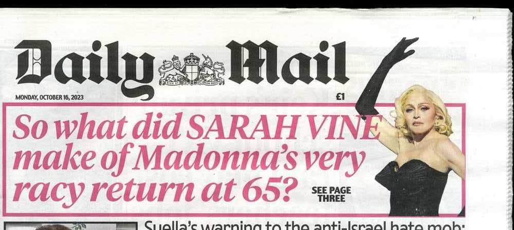 THE CELEBRATION TOUR - DAILY MAIL COVER NEWSPAPER 16th OCTOBER 2023