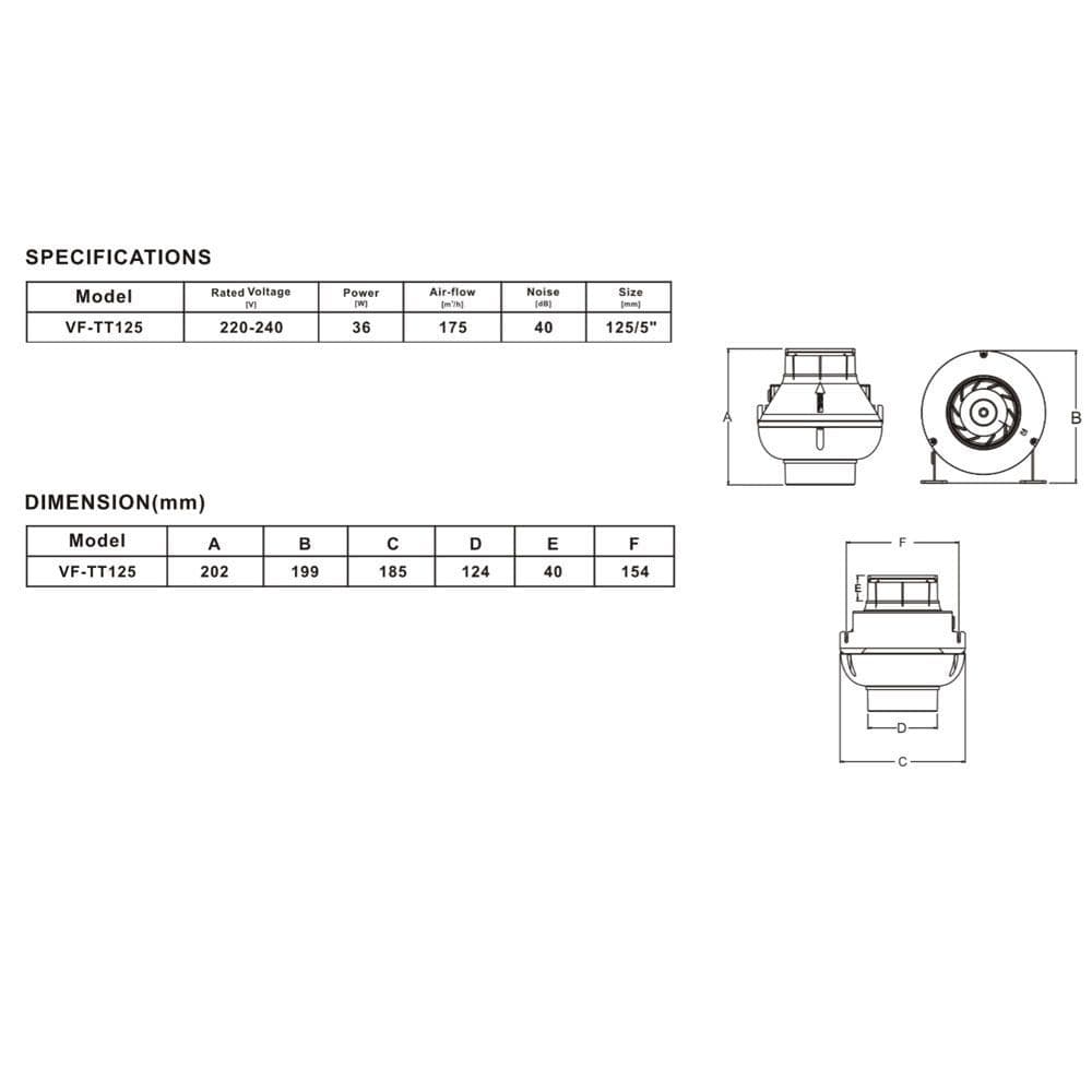 Centrifugal Inline Duct Extractor Fan 100mm/4" 125mm/5"