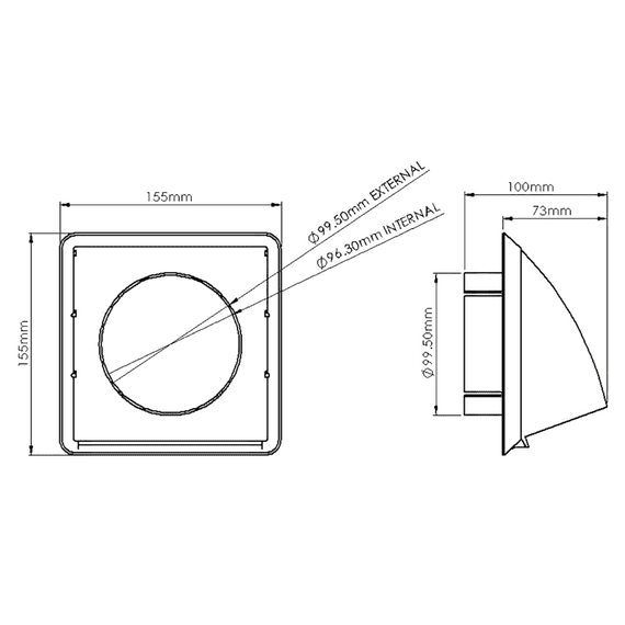 Cowl Outlet Grille Wall Vent 100mm/4" Round Rear Spigot and Wind Baffle ...