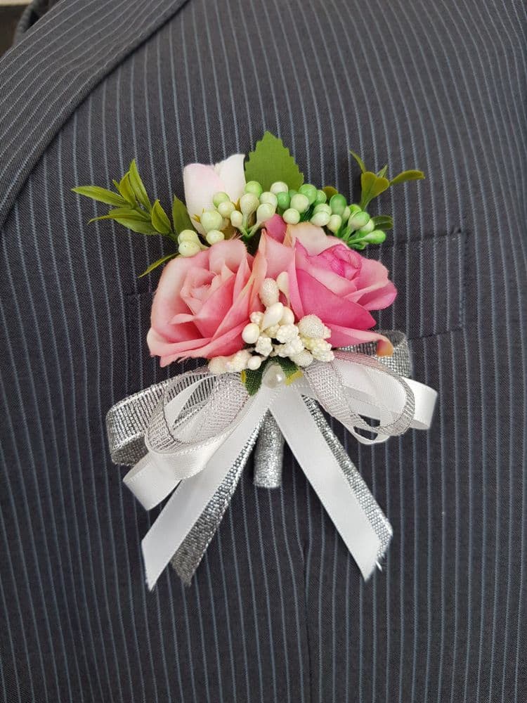 Luxury Rose Buttonhole Corsage with Double Ribbon Bow