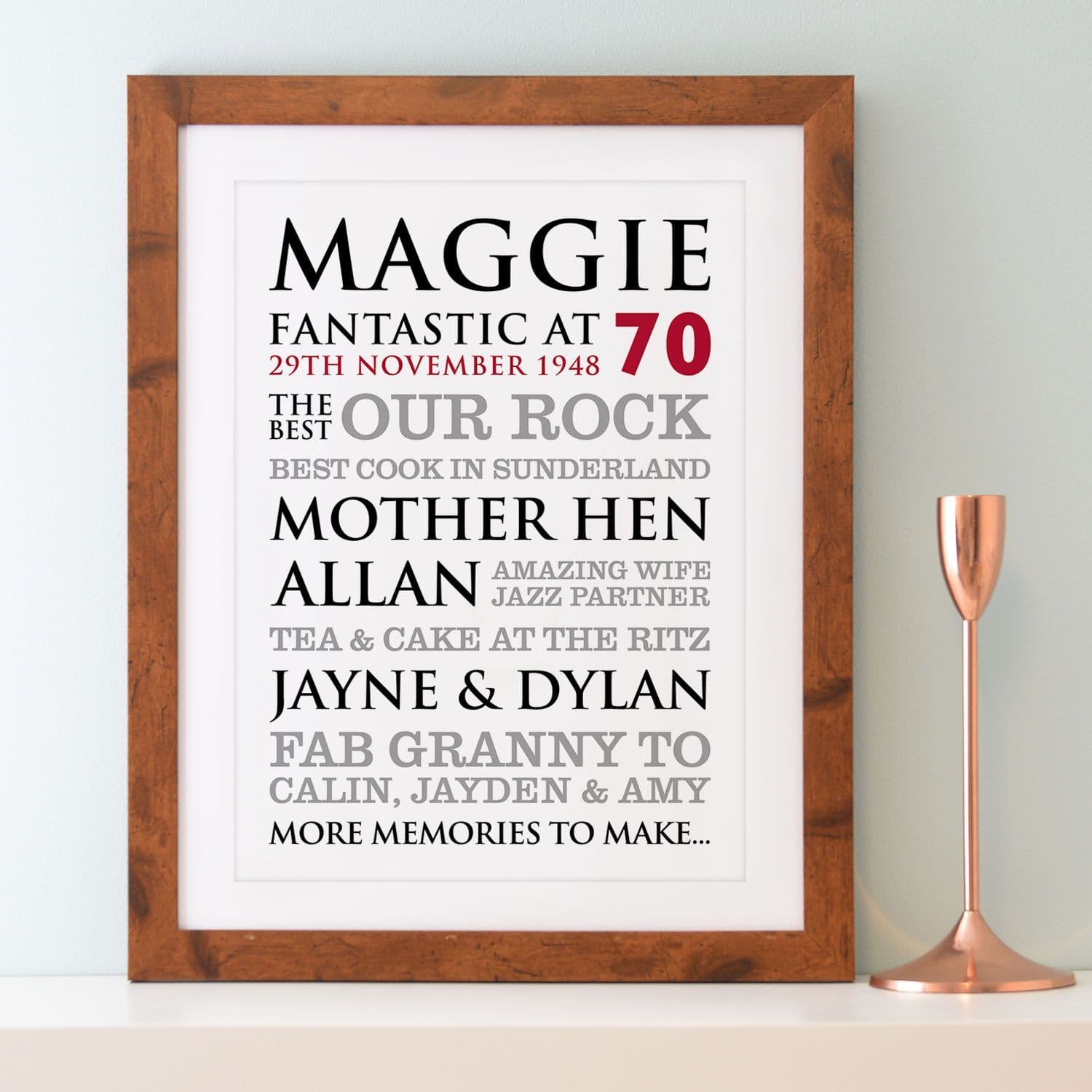 Personalised 70th Birthday Typographic Art Print