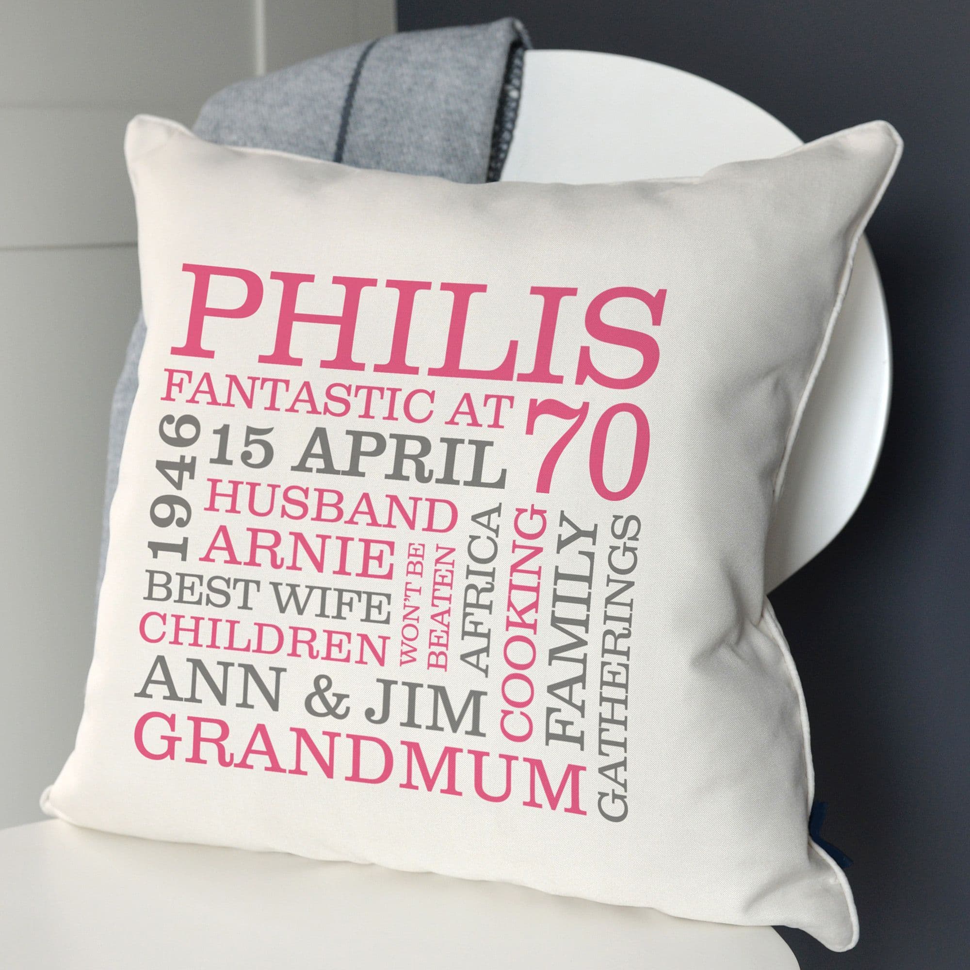 Personalised 70th Birthday Word Art Cushion