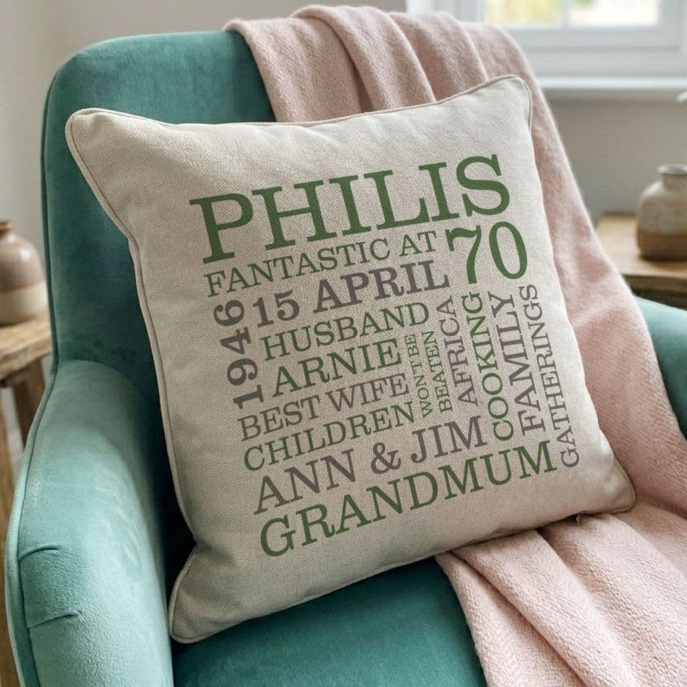 Personalised 70th Birthday Word Art Cushion
