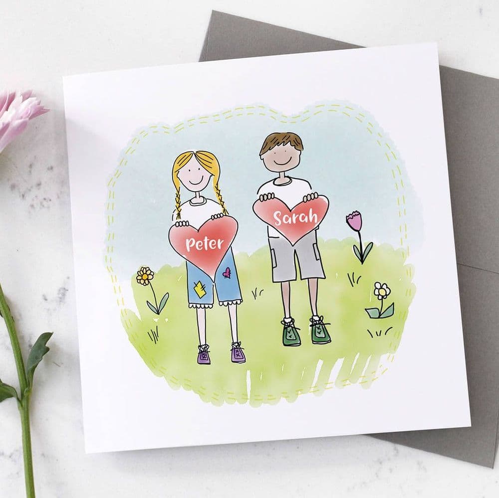 Personalised Heart Boy And Girl Card