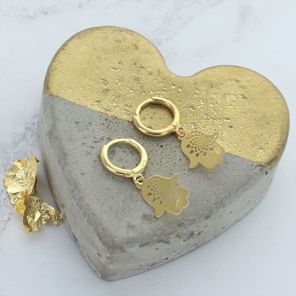 Gold Plated Sterling Silver Huggie And Hamsa Hand Hoops