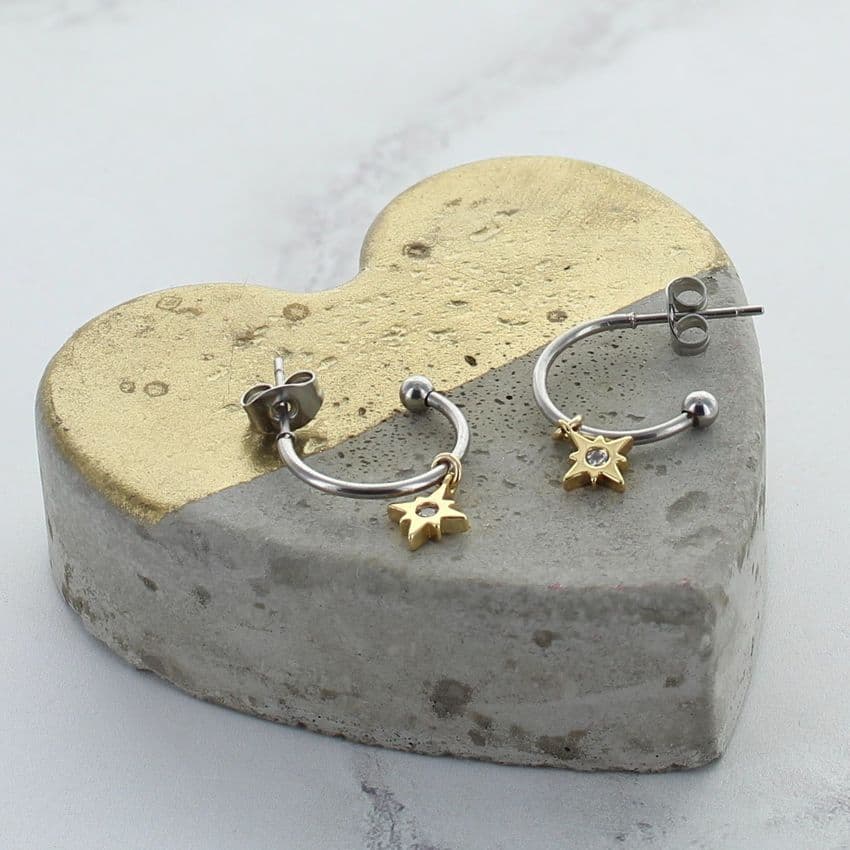 silver and gold star hoops