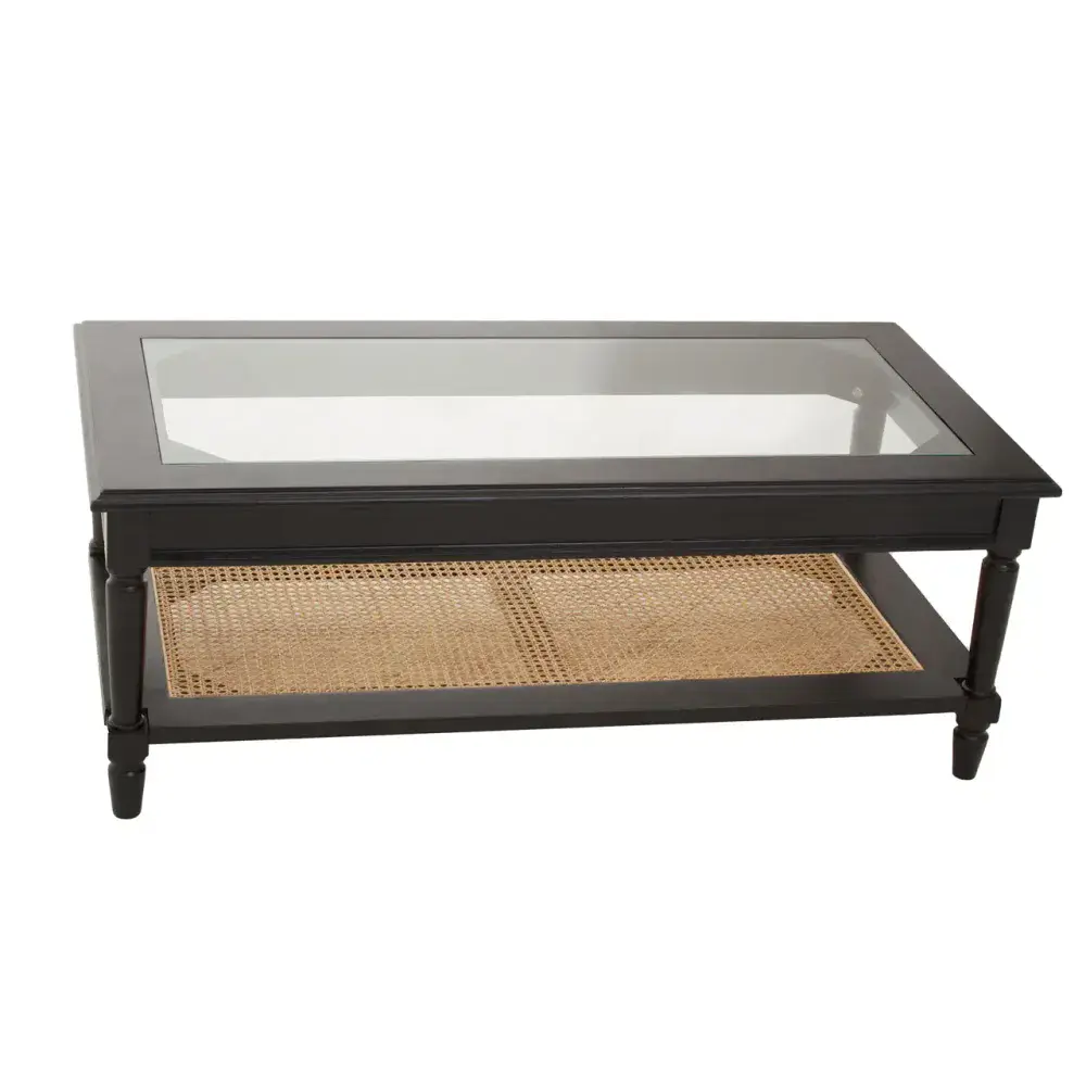 Antoine Contemporary Black Coffee Table with Rattan Shelf - Prestige French Furniture