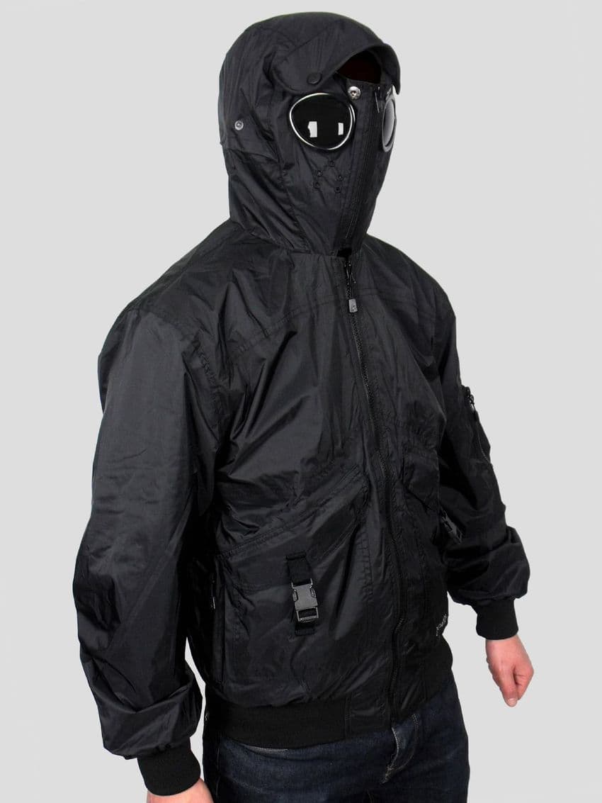 Mens Black Bomber Jacket - Hunter EXO Coat - Goggle Hood