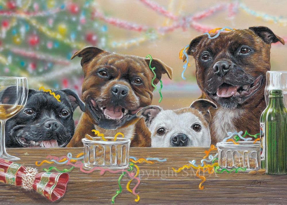 Staff Christmas Party Staffordshire Bull Terrier Print by Paul Doyle