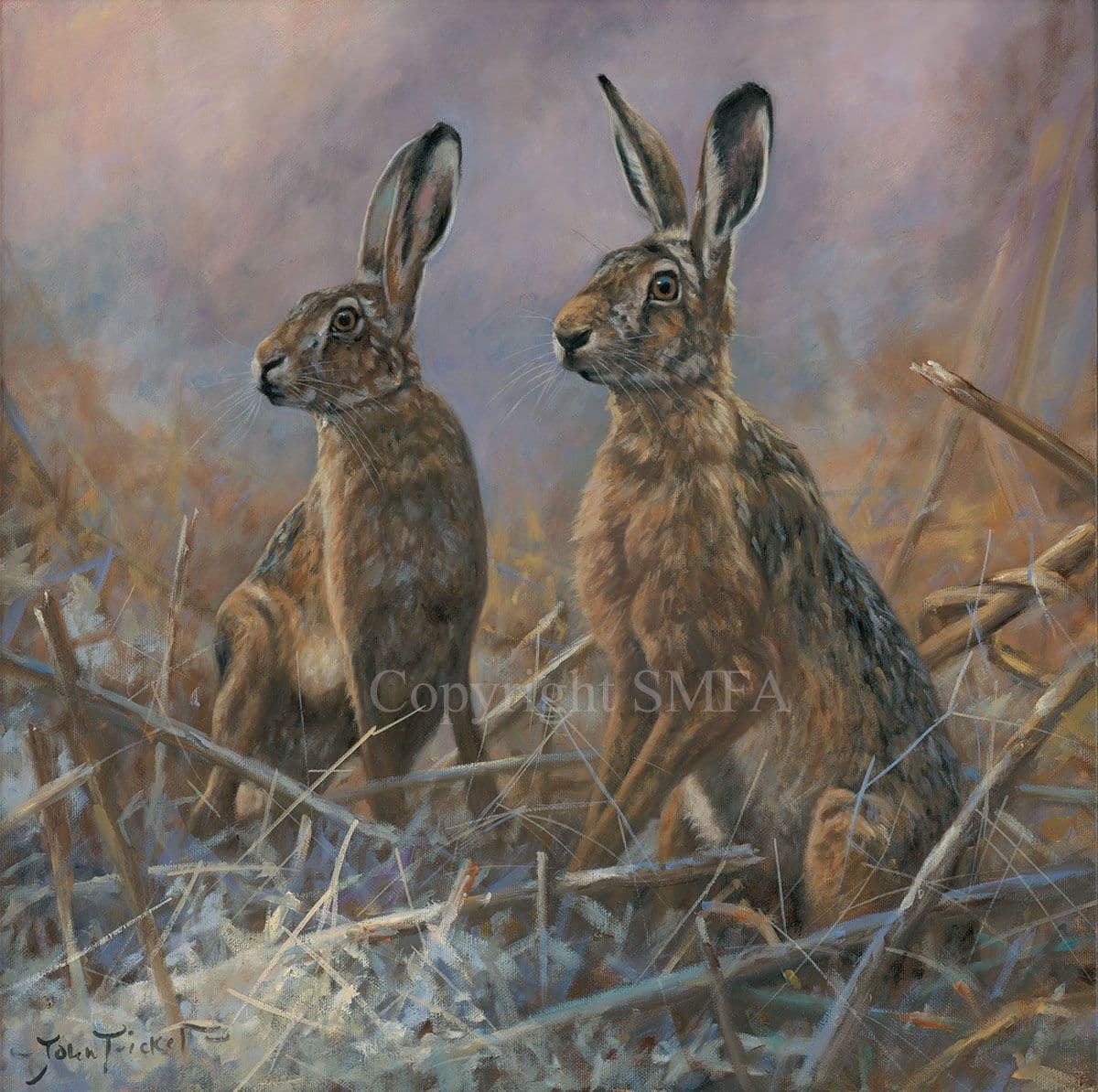 Trouble and Strife Original Hare painting by John Trickett