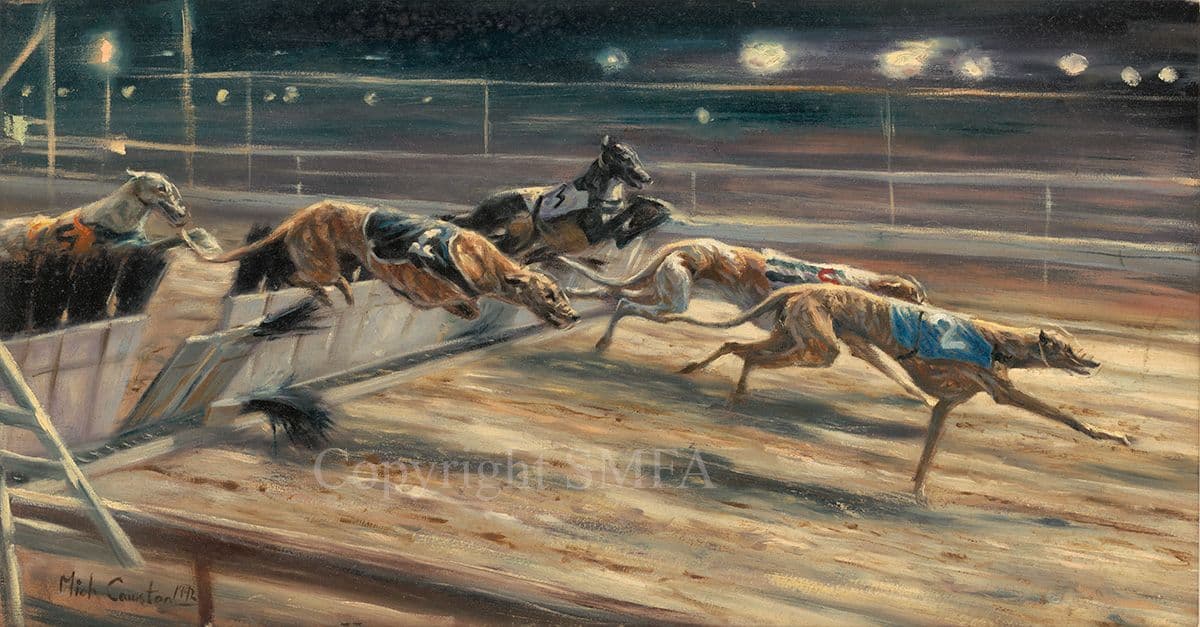 54 SOLD Greyhound Racing Original oil on canvas Painting by Mick Cawston