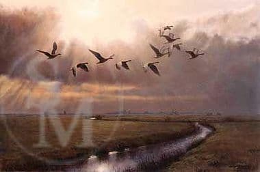 Wildfowling Limited Edition Print Pinkfeet over Halvergate Marshes by ...