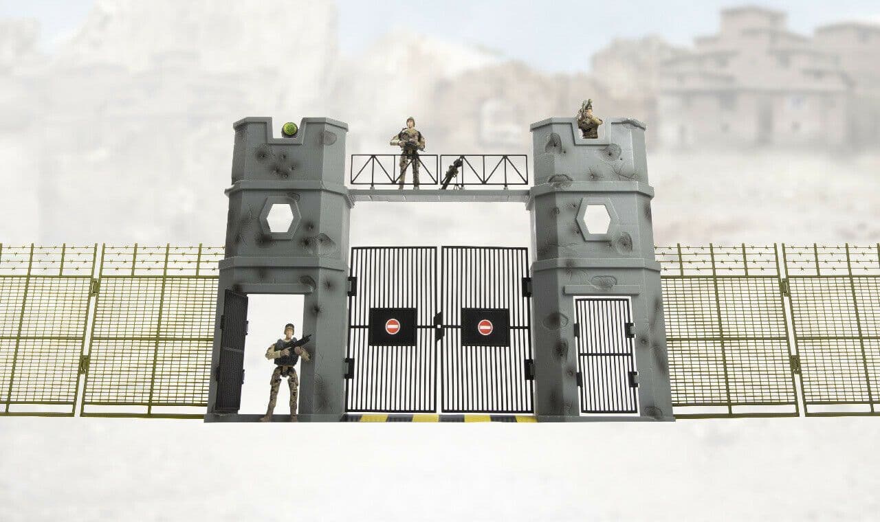 World Peacekeepers Military Base Gate Play Set Includes 3 Army Toy figures